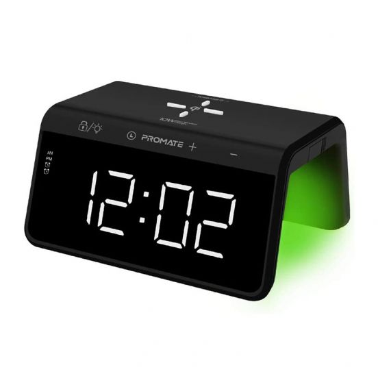 Promate Alarm Clock With 10W Wireless Charging RGB Night Light USB Port